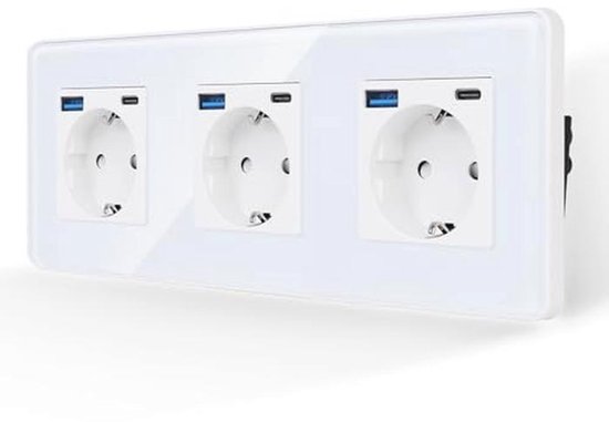 3-contactdoos met USB-A en type C-poort - Geïntegreerde wandcontactdoos ...
