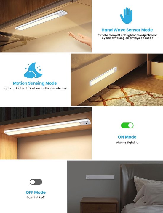 Lampe de cuisine LED sans fil 30 cm - 56 LED - 3 couleurs à intensité ...