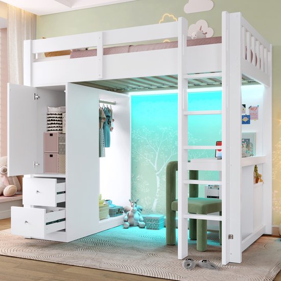 Sweiko Hoogslaper - 90x200cm - 4 lades - Opbergkast - Met bureau - Open ...