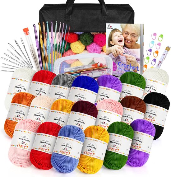 30-delige haakset voor beginners – 20 bollen acrylgaren, 10 aluminium ...