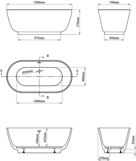 Vente-unique Ovaal losstaand bad - 210L - 150 x 74 x 57 cm - Wit ...
