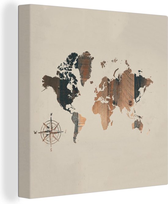 Canvas Wereldkaart - 20x20 - Wanddecoratie Wereldkaart - Hout - Kompas ... Canvas Wereldkaart - 20x20 - Wanddecoratie Wereldkaart - Hout - Kompas ...