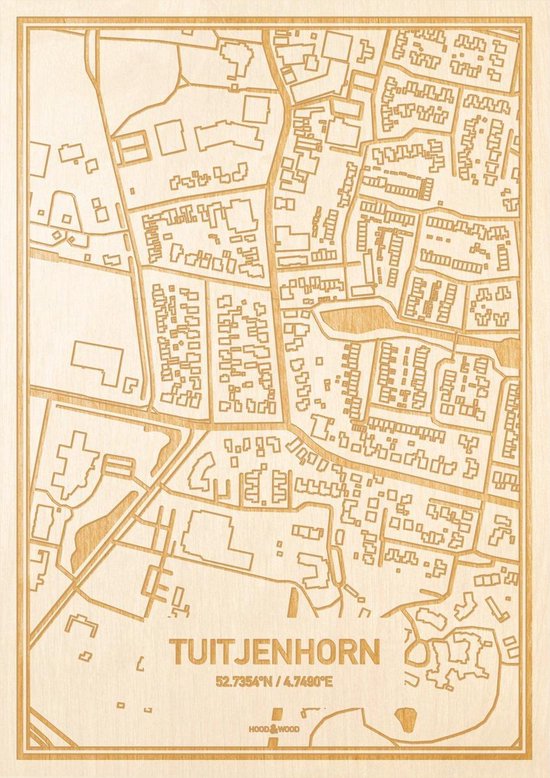 Kaart Tuitjenhorn - Gegraveerde stadskaart Hood&Wood - Hout, A4 | bol.com