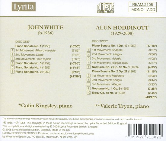 Valerie Tryon Colin Kingsley - White, Hoddinott: Piano Sonatas (2 CD ...