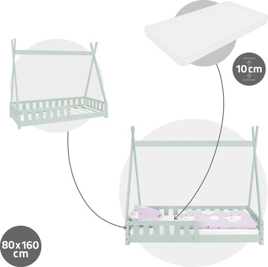 Kinderbed Tipi 80x160 cm mint van grenenhout incl. matras H-10cm ...