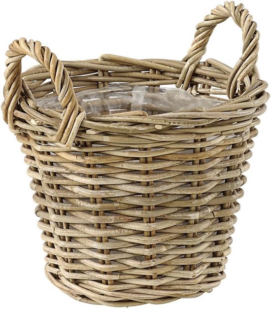Rotan mand met handgrepen - Ø 30 cm - hoogte 23 cm - grijs/bruin | bol