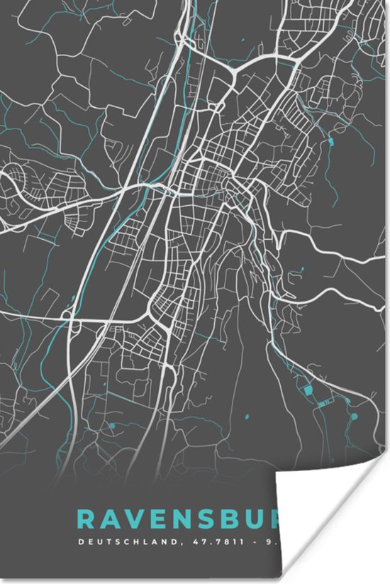 Poster Plattegrond – Ravensburg – Blauw – Stadskaart – Kaart ...