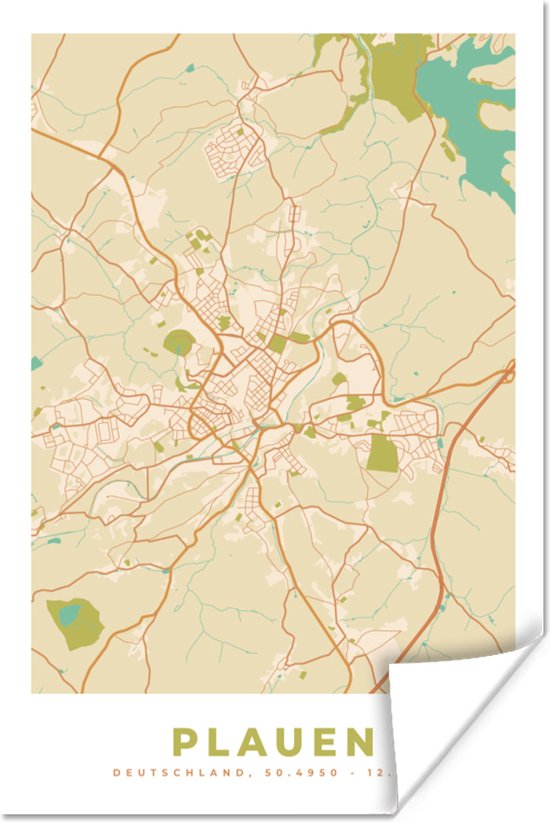 Poster Plauen - Plattegrond - Kaart - Vintage - Stadskaart - 80x120 cm ...