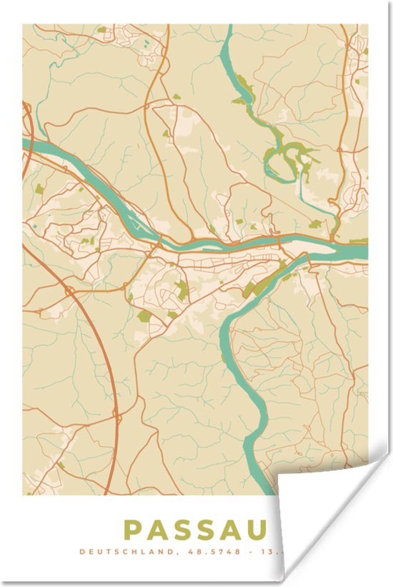 Poster Vintage - Passau - Stadskaart - Plattegrond - Kaart - 80x120 cm ...