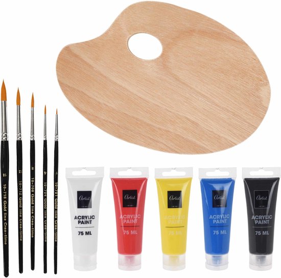 Hobby/knutsel schilderen set van 5 kleuren acryl verf met houten palet ...