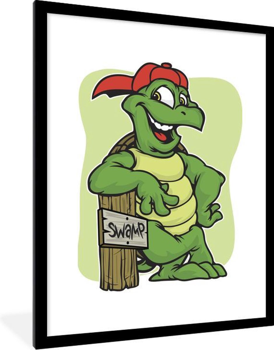 Fotolijst incl. Poster - tekening van een groene schildpad met een rode ...