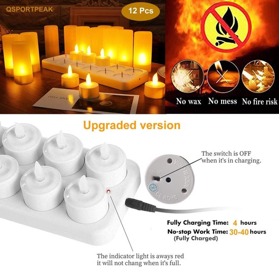 12 Oplaadbare led theelichtjes met laadstation - Kaarsen kopjes - USB ...