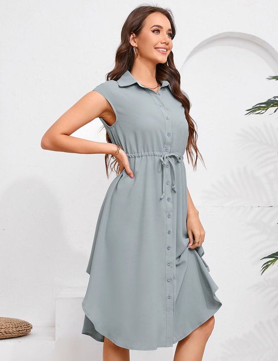 Zomerjurk dames casual overhemdjurk blousejurk met korte mouwen midi-jurk wikkeljurk... | bol