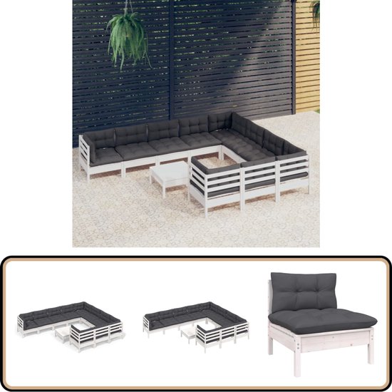 vidaXL Loungeset 11-delig - Grenenhout - Wit Tuinlounge Set - Lounge ...