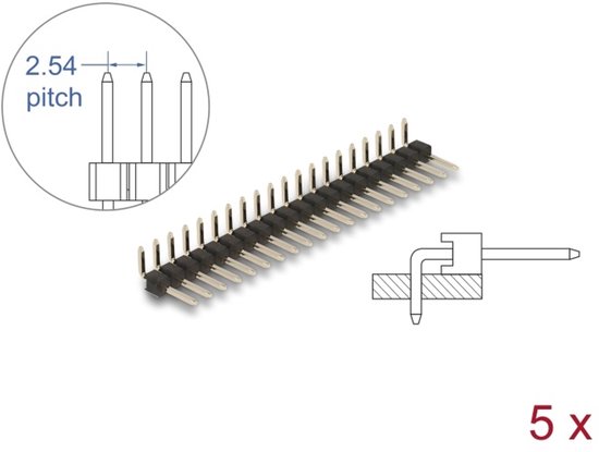 Delock Pin header 20 pin, pitch 2.54 mm, 1-row, angled, 5 pieces | bol