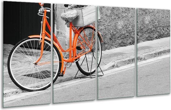 GroepArt - Glasschilderij - Fiets - Oranje, Zwart, Wit - 160x80cm 4Luik ...