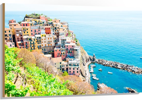 Hout - Dorpje aan de Kust vol Kleurrijke Huisjes op Berg - 120x80 cm ...
