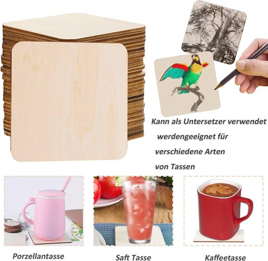Set van 50 vierkante houten schijven voor decoratie en handwerk | bol