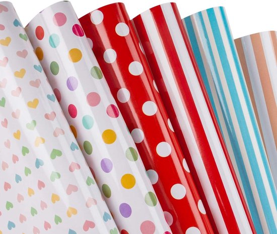Wrapping Paper - Dots, Hearts, Stripes - Colourful Gift Wrap - 6 Folded ...