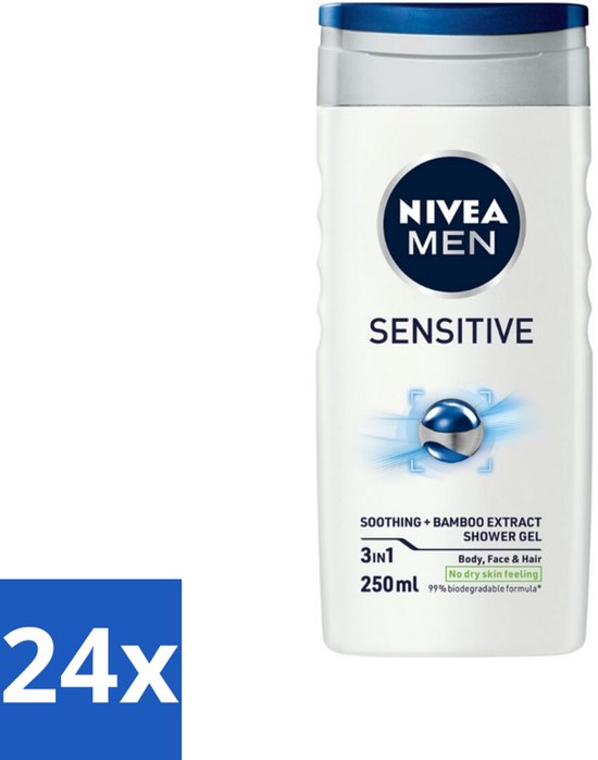 Nivea - Men - Sensitive Douchegel - Hydraterend - 250 ml - Voordeelverpakking - 24 stuks | bol