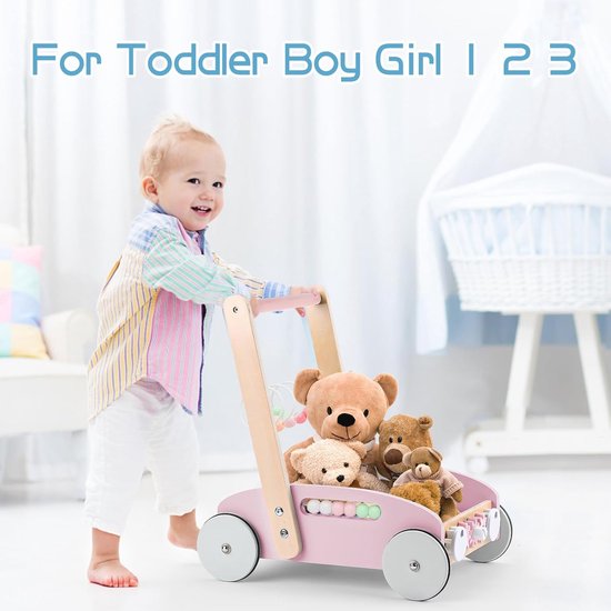 Houten 5-in-1 Loopwagen voor Kinderen met Rubber Houten Wielen en ...