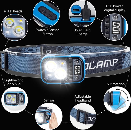 Oplaadbare 2 stuks 1500 lumen wit rood warm licht sensor USB C Mini-hoofdlamp -... | bol