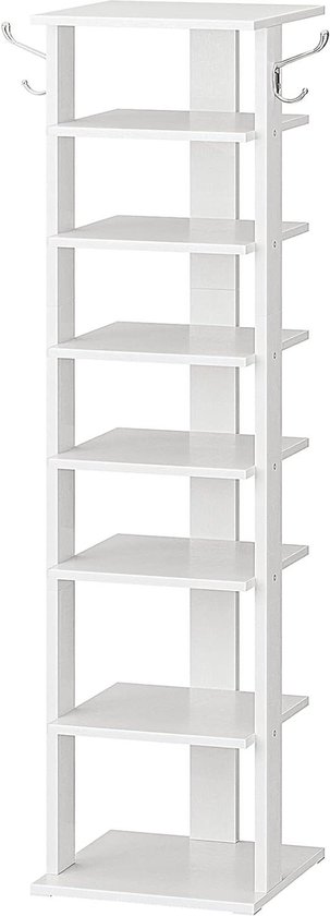 8-Level Narrow Shoe Rack with 2 Hooks - White Shoe Cabinet for Entrance ...