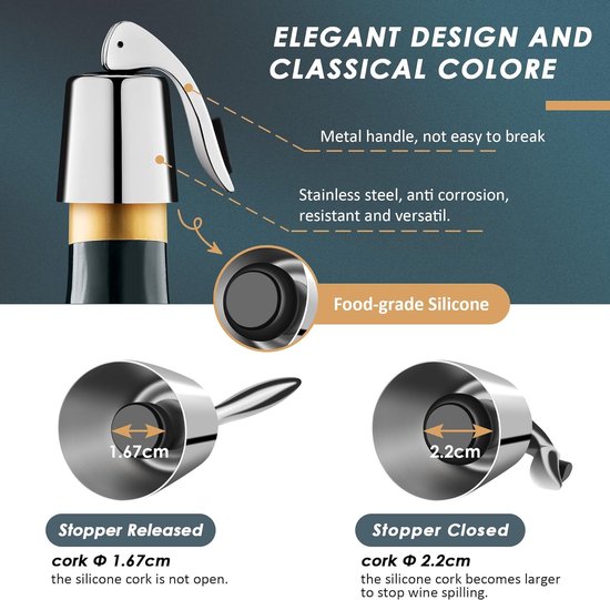 Wine Bottle Stoppers - RVS - 2pcs - Lekvrij - Houdt Wijn Vers - Zilver ...