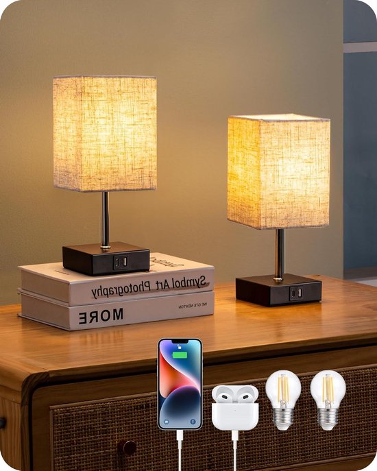 Set of 2 Tactile Bedside Lamps - USB-A & USB-C Charging - E27 LED Bulb ...