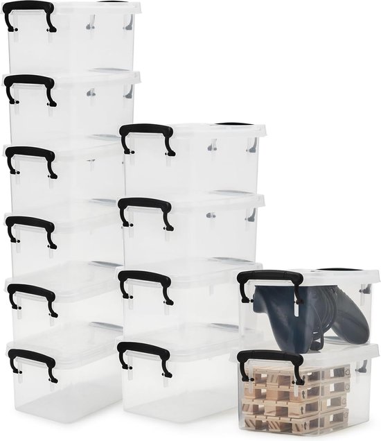 Set van 12 doorzichtige plastic opbergdozen met deksel - Stapelbaar en ...