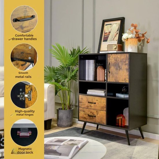 Boekenkast met enkele deur, 4 open planken en 2 laden, houten ...