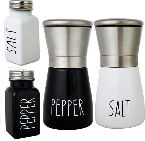 Peper en Zoutmolen Set - Zout en Peper - 4 stuks - Zwart en Wit | bol