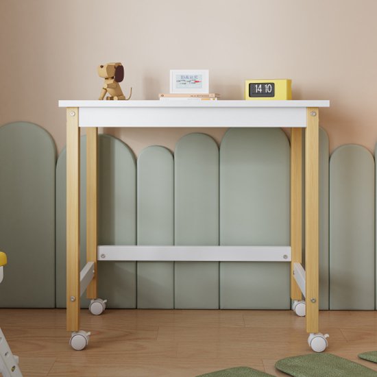 Tafel, bureau, werktafel, met draaibare wielen, grenen+MDF, wit+naturel ...