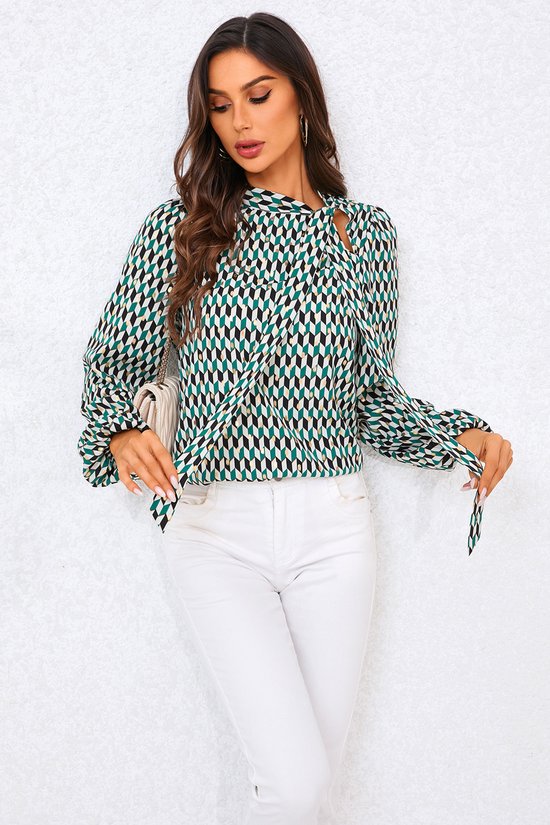 Geo Print Blouse Top met Strik aan de Zijkant in Groen | bol