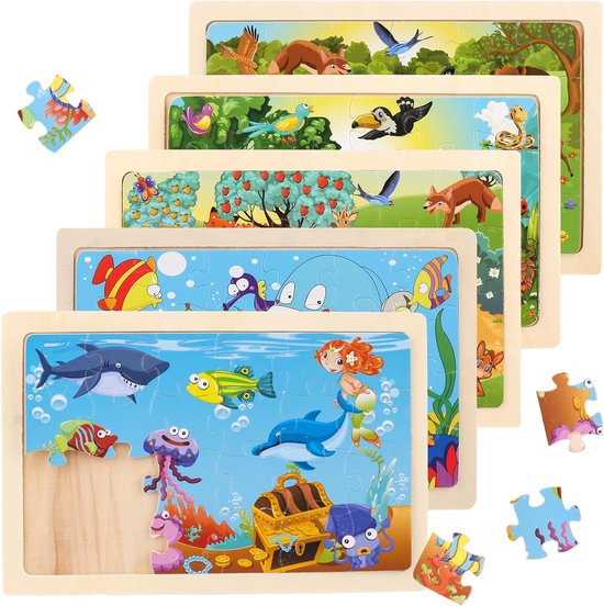 Houten Puzzelset voor Kinderen - 5 Puzzels van 24 Delen met Dierenthema ...