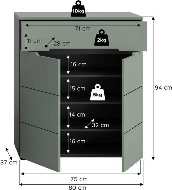 Canu schoenenkast Smoke Green NB Basaltgrijs NB - 37x80x94cm | bol