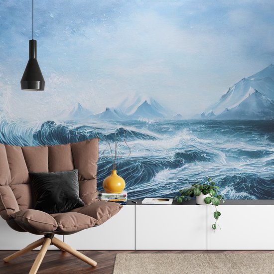 Fotobehang Abyss, Ocean Waves, Seascape Hand Drawn Oil . Blue Sea Tides ...