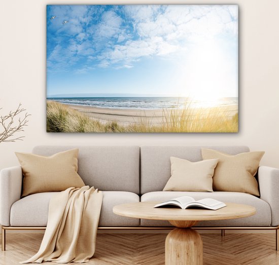 Canvas schilderij 140x90 cm - Wanddecoratie Strand - Zee - Vogels - Zomer - Planten -... | bol