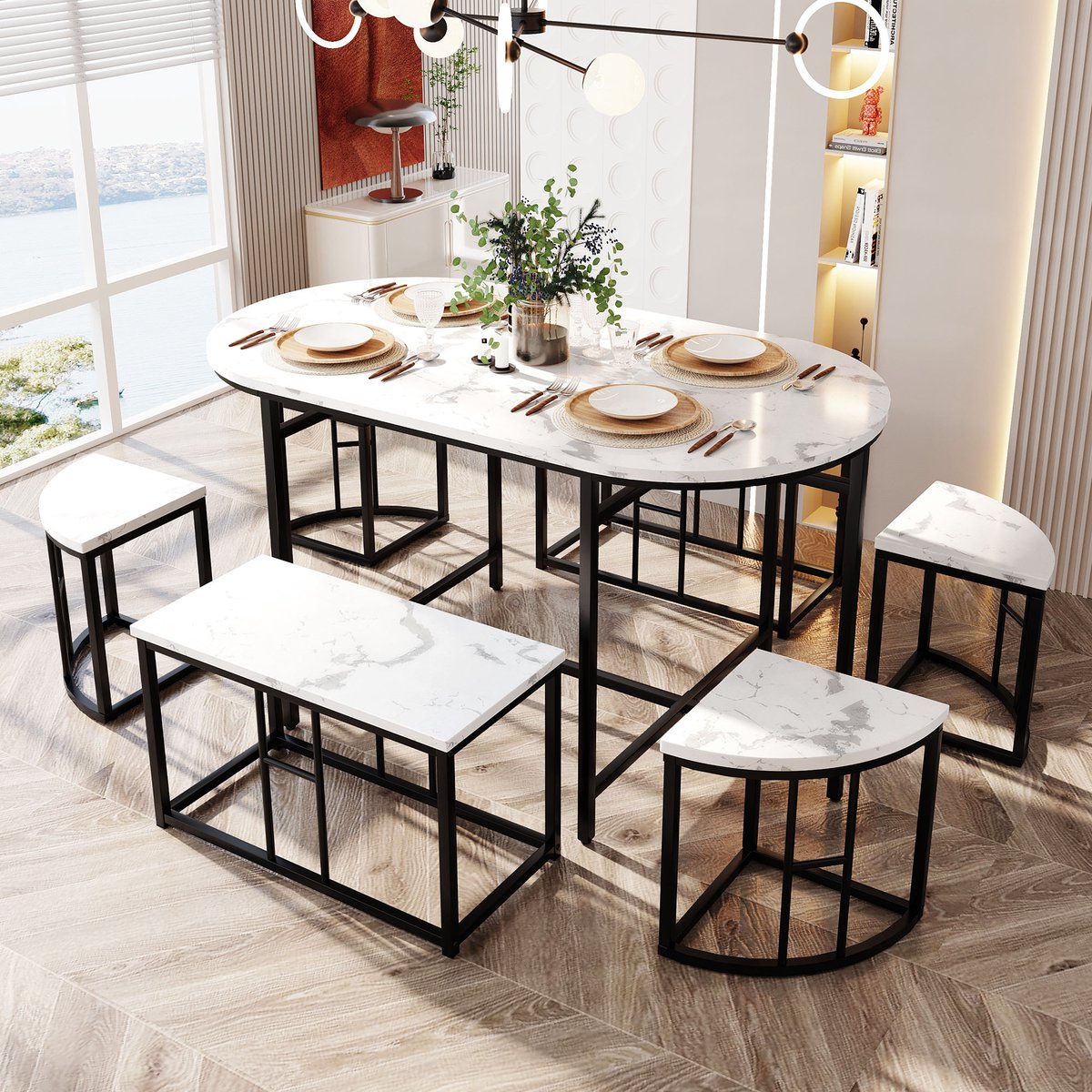 Merax Eetkamer Set - Eethoek Set met Tafel en Stoel - Eettafel met 6 Stoelen - Wit met... | bol.com