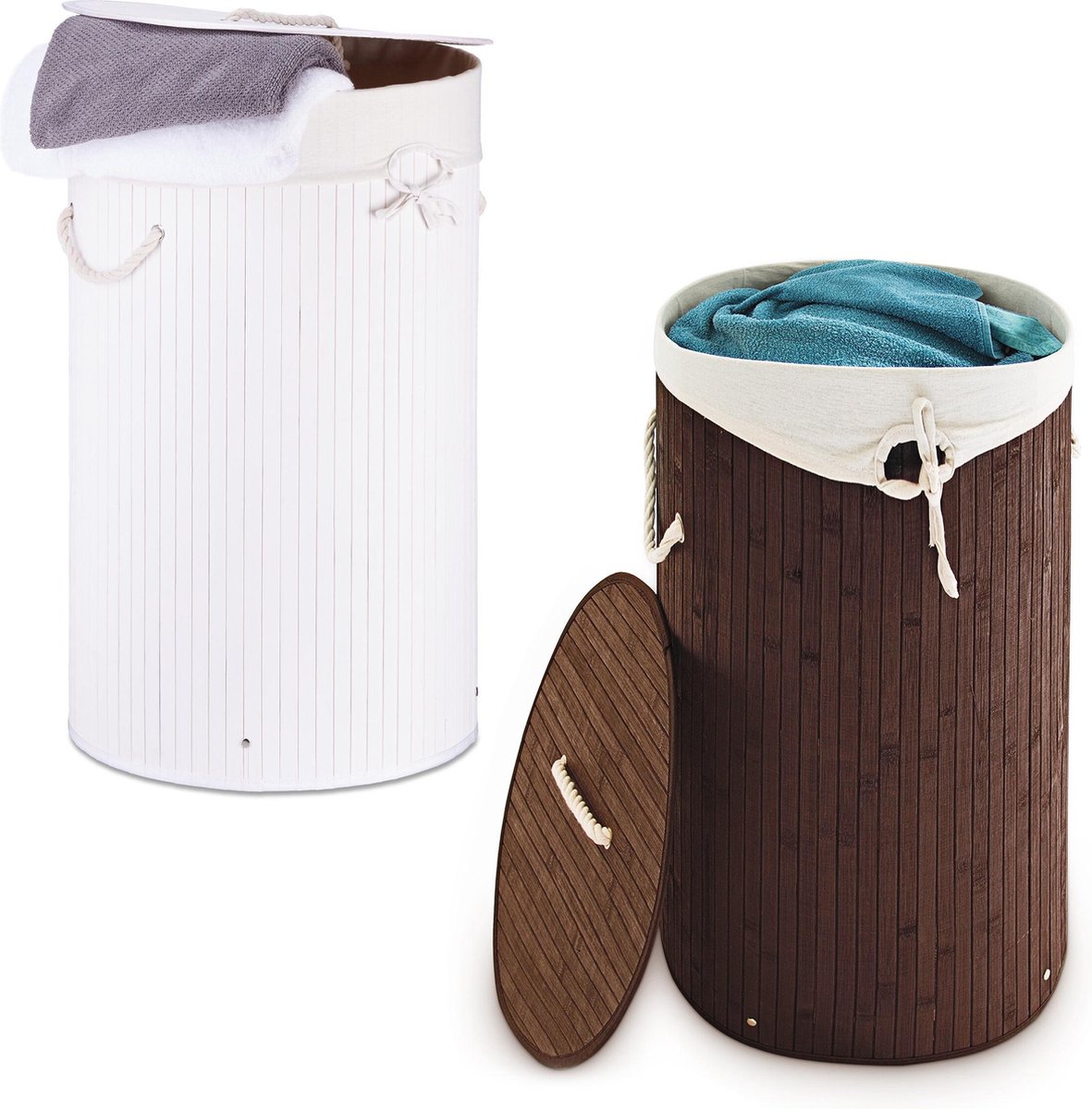 Relaxdays 2 x wasmand bamboe - wasmanden met deksel - rond - waszak ...