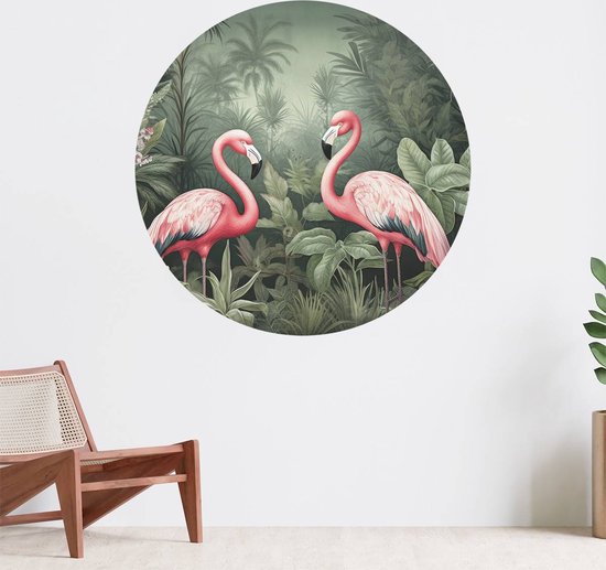Muurcirkel zelfklevend behang - Flamingo’s Florale Oase - Wanddecoratie ...