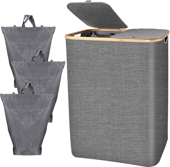 Wasmand met deksel - 2 vakken - tweewegopening - stof beige - groot ...