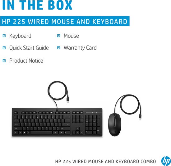 HP 225 - Bedraad Toetsenbord en Muis Combinatie - Qwerty - Zwart | bol
