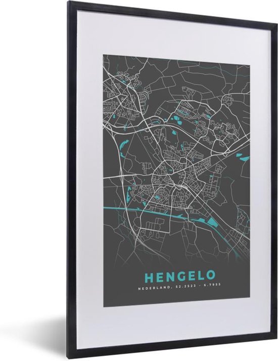 Fotolijst incl. Poster - Plattegrond - Hengelo - Grijs - Blauw - 40x60 ...