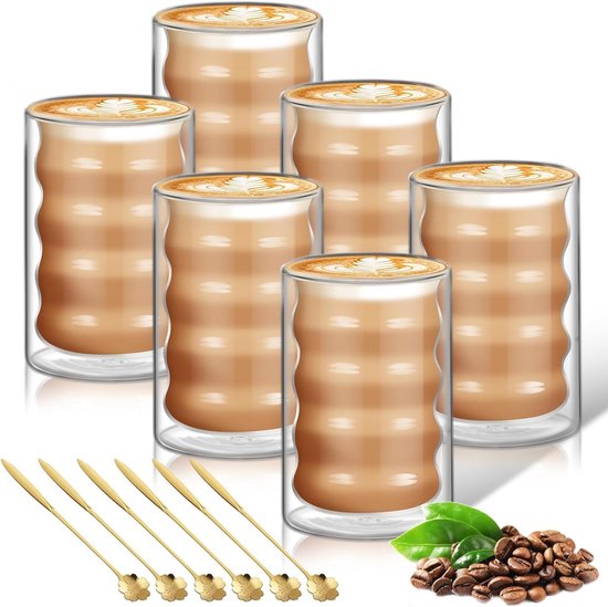 Glass Coffee Cups Double Walled 6 x 400 ml with 6 Teaspoons | bol
