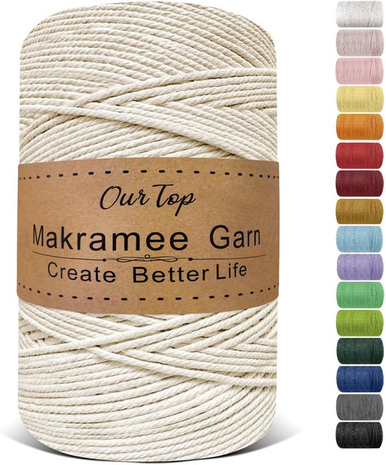 Premium Macramé koord - 3 mm x 500 m - gevlochten en gedraaid koord ...