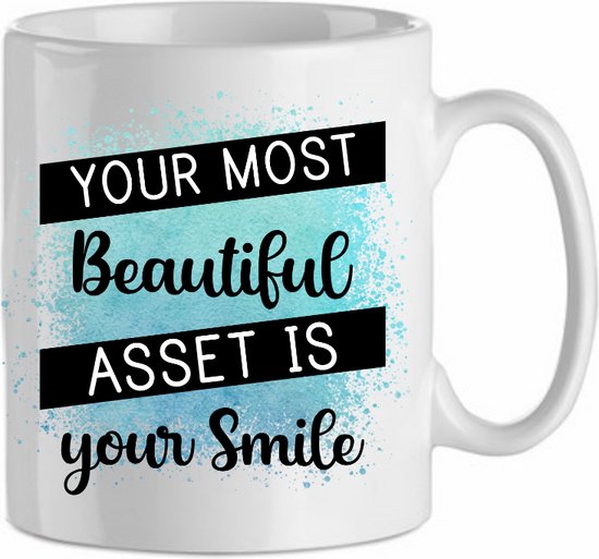 Mok: 'Youre most beautiful asset is youre smile ' blauw | Cadeau ...