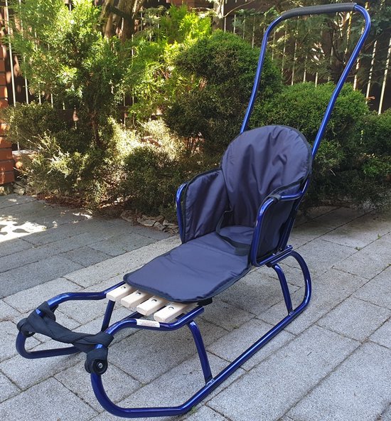 Stevige metalen slee met duwstang, rugleuning en dik matras | bol