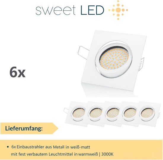 Set van 6 Hoekige LED Inbouwspots 230V 4W Warm Wit 3000K 330lm Draaibaar Wit Plafondspots | bol