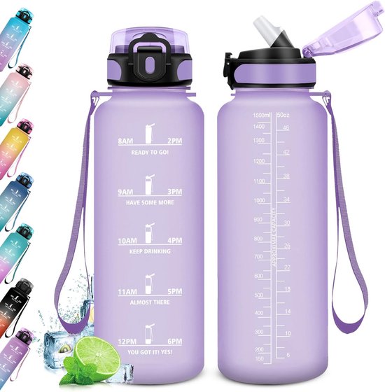 Grote Sport Waterfles 1.5L met Bidon en Tijdmarkeringen voor Fitness en ...